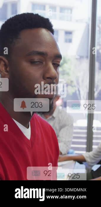 Animation of multiple notification bars over smiling african american ...