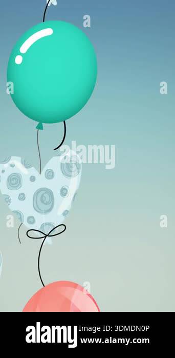 Animation of colourful balloons and hearts with copy space on blue ...