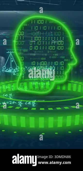 Mathematical equations and data processing animation over human head ...