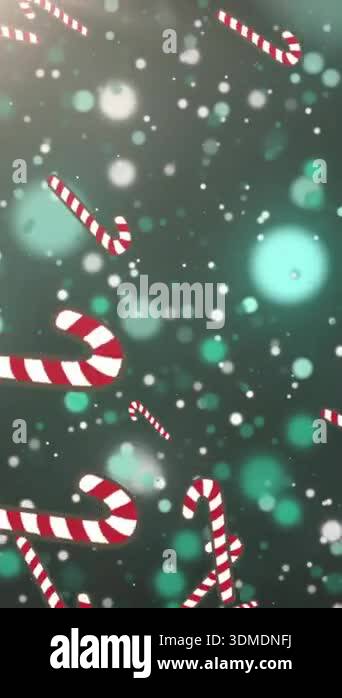 Animation of candy cane falling over grey dots. christmas, winter ...