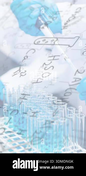 Chemical formulas and laboratory experiment animation over scientists ...