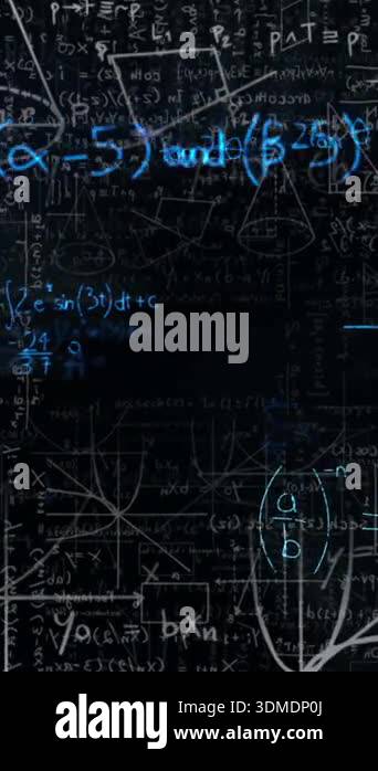 Animation of mathematical equations on black background. global science ...