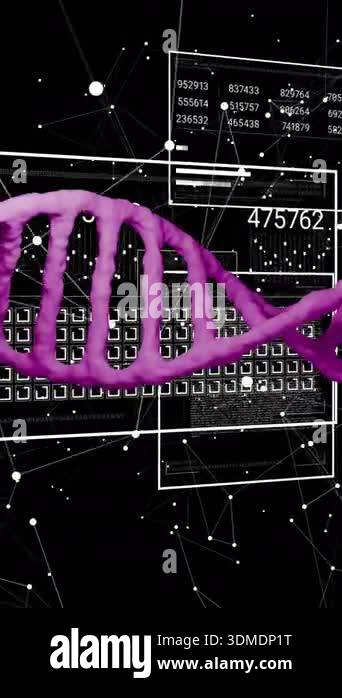 DNA strand and scientific data processing animation over black ...