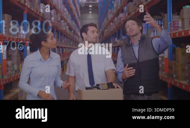 Warehouse staff following manager gesture and analyzing live inventory ...