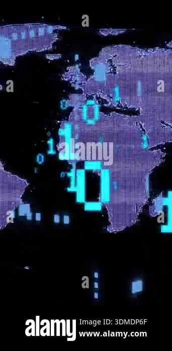 Animation of data processing over world map on black background. Global ...