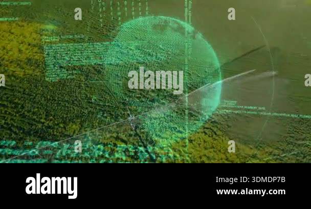 Faint circle outline initiating green code streams forming rotating 3D ...
