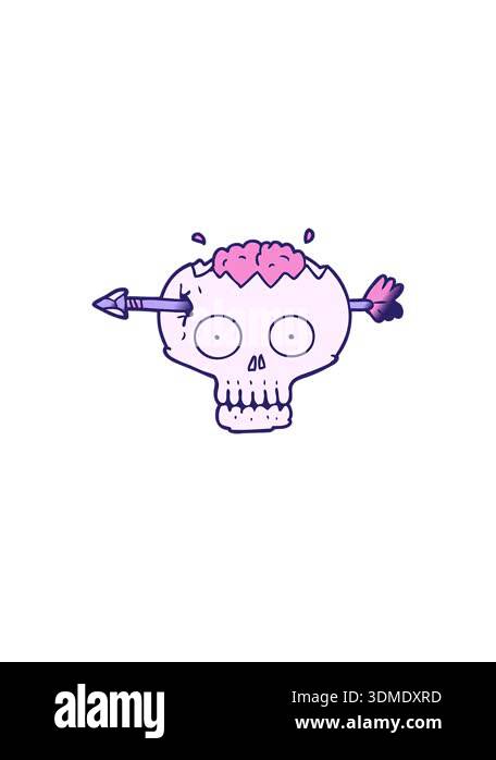 attention grabbing animation of cartoon skull with arrow through brain ...