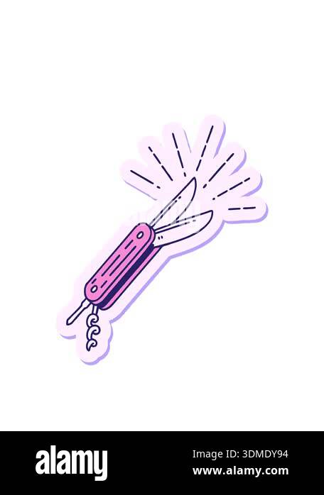 stretching up animation of sticker of a tattoo style folding knife ...
