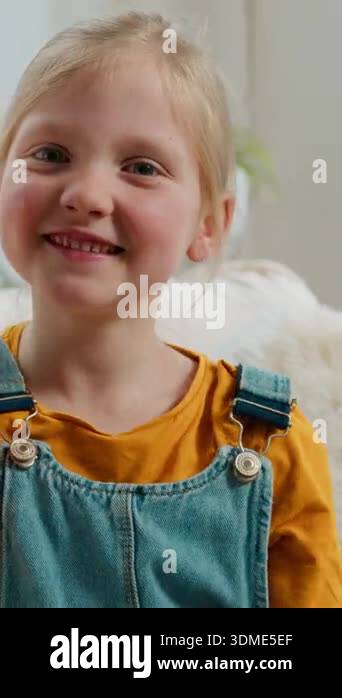 Portrait friendly happy Caucasian 5s little girl child kid smiling ...