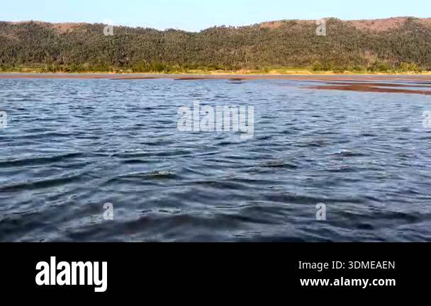 Wide river landscape with gentle water ripples and forested mountains ...