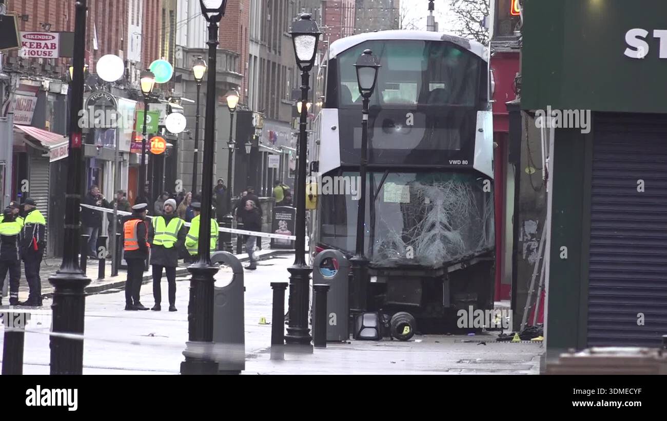 Man dead and three injured in Dublin city centre bus crash Stock Video ...