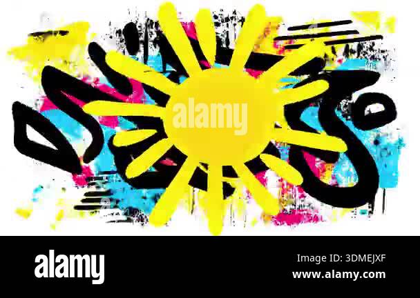 Abstract graffiti sun symbol background, hand drawn yellow paint shape ...