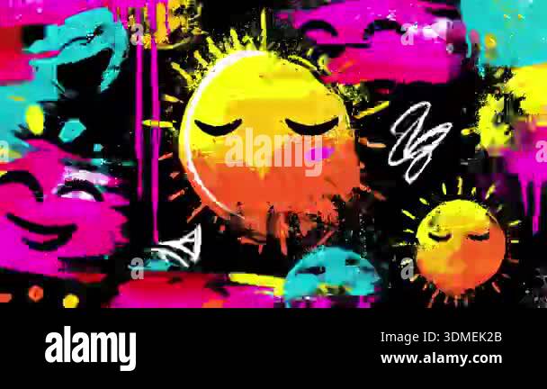 Colorful graffiti sun illustration background, smiling cartoon faces ...