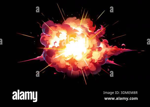 Orange fireball explosion, cartoon blast cloud, anime impact detonation ...