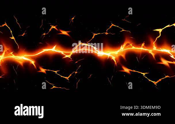 Orange electric energy line with glowing lightning cracks, horizontal ...
