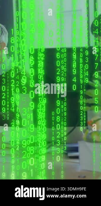 Animation of binary coding data processing over diverse business people ...