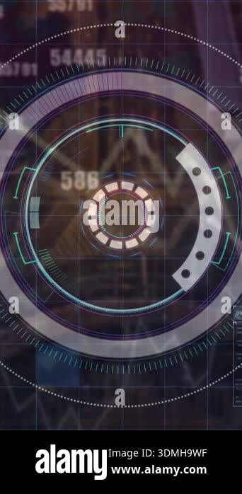 Round scanner and multiple changing numbers falling against cityscape ...