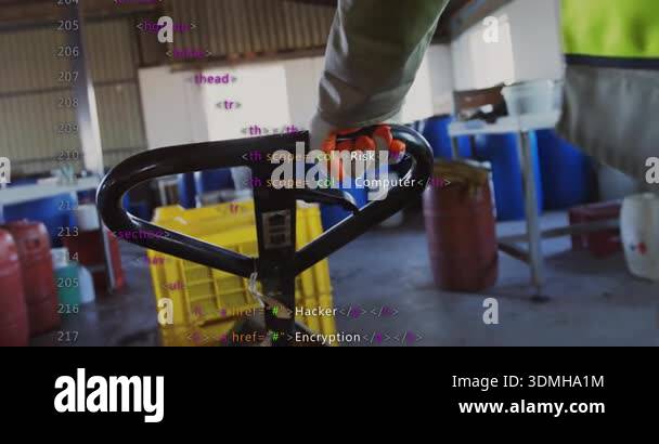 Warehouse worker pulling pallet jack with crate, generating HTML code ...