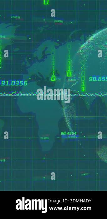 Binary code and numerical data over digital globe and world map ...