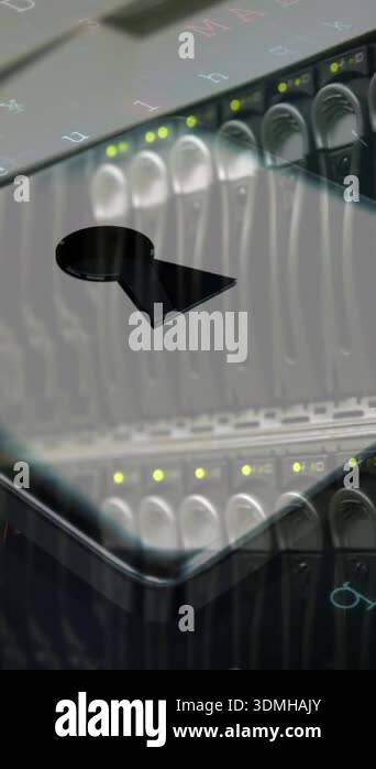 Animation of cyber attack warning and padlock over server room. global ...