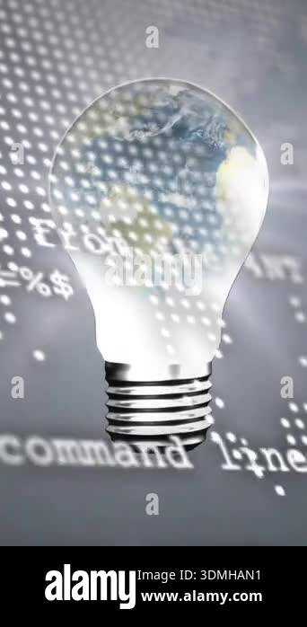 Glowing light bulb with Earth inside over digital world map animation ...