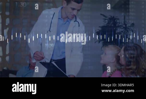 Doctor gesturing at clipboard informing family with animated health ...