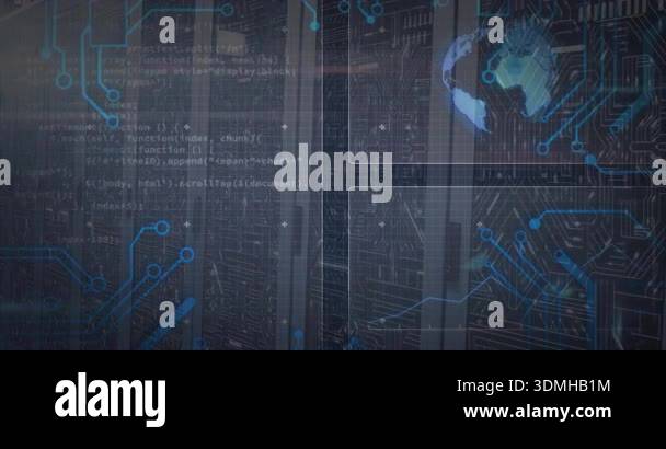 Starting code overlay server racks drawing blue circuits while globe ...