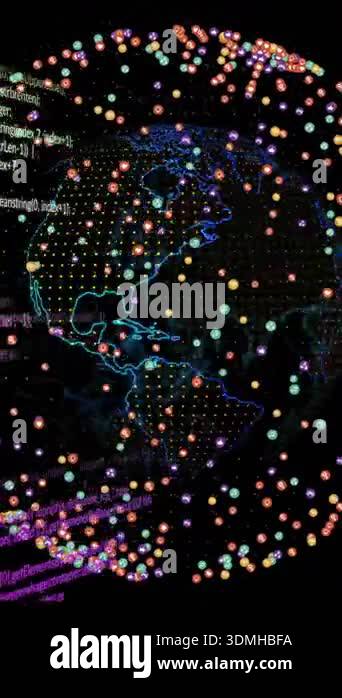 Rotating sphere of colorful dots and programming code animation ...