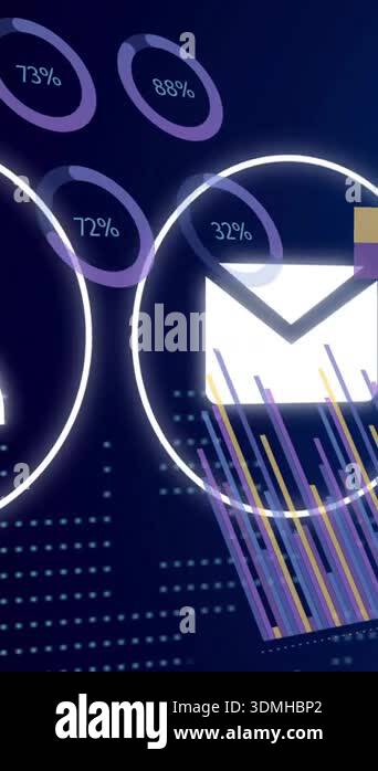 Digital data processing animation over icons of camera, computer, and ...
