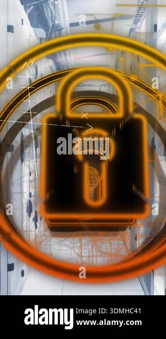 Animation of security padlock icon, yellow light trails, mathematical ...