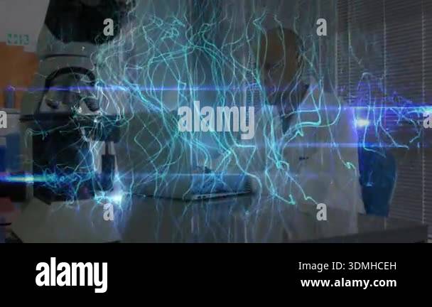 Scientist operating microscope initiating animated blue data streams ...