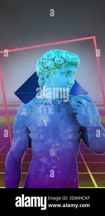 Animation of glitched male stature over squares and grid pattern over ...