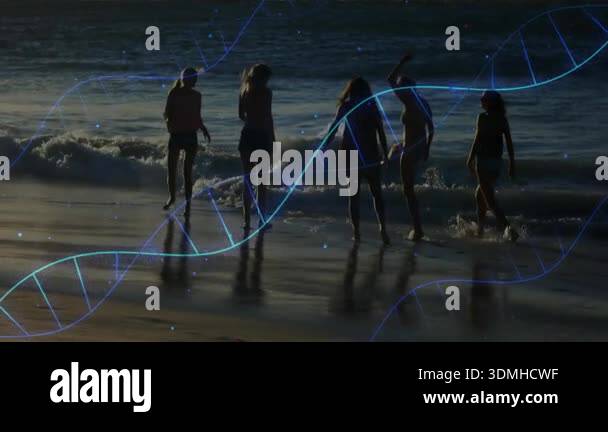 Five women walking sunset shore sinking into sea starting drifting tech ...