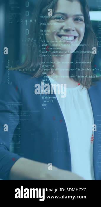 Smiling woman with crossed arms over programming code animation in ...