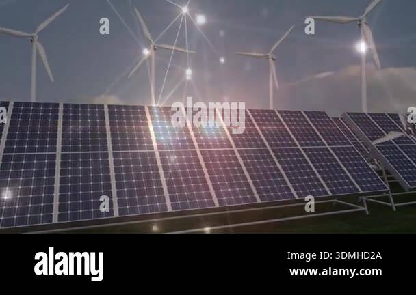 Flickering digital overlay forming network linking turbines as sun ...