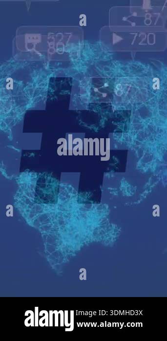 Animation of social media icons falling over hashtag symbol and ...