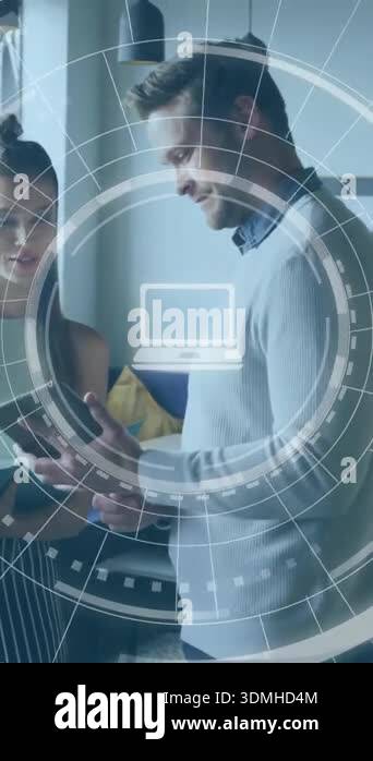 Digital interface animation over business people discussing work in ...