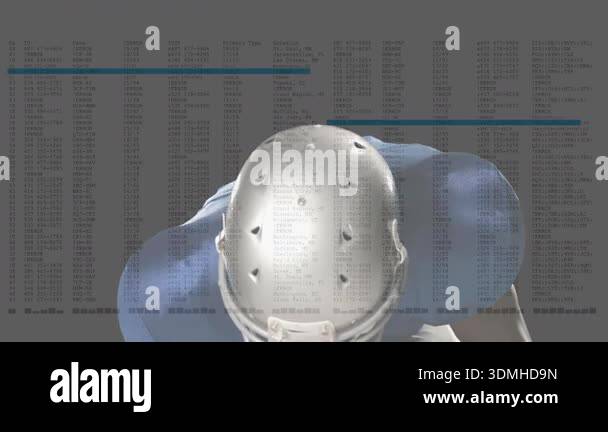 Football player crouching and receiving sports data on gray backdrop ...