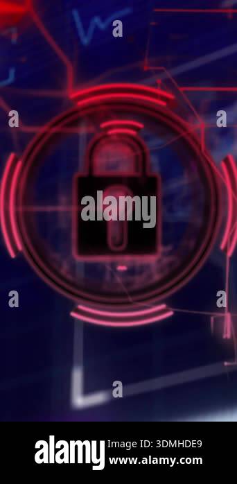 Glowing red padlock icon over digital data and network connections ...