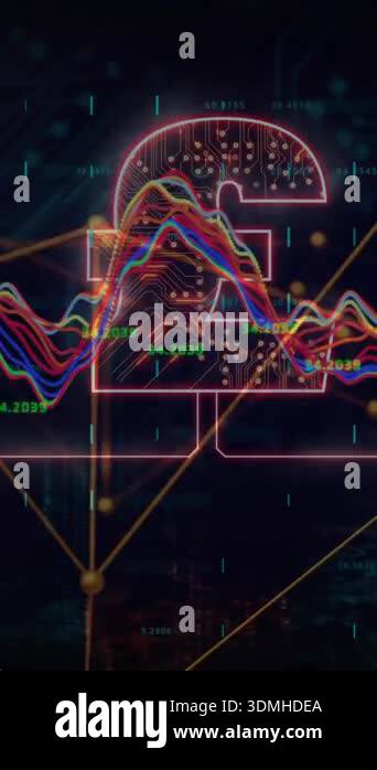 Animation of pound sign and digital data processing over dark ...