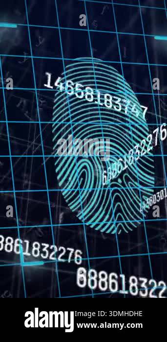 Scanning fingerprint with digital animation overlay on grid background ...