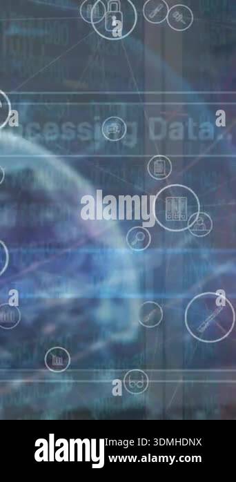 Animation of network of digital icons over interface with data ...