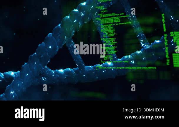 Faint particles initiating glowing blue DNA helix emerging rotating and ...