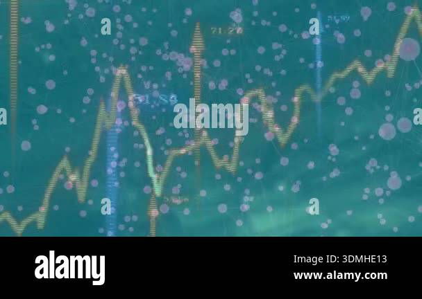 Data streaming into teal yellow line chart dipping rising marking ...