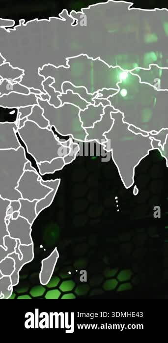 Animation of grey world map over glowing computer servers in dark ...