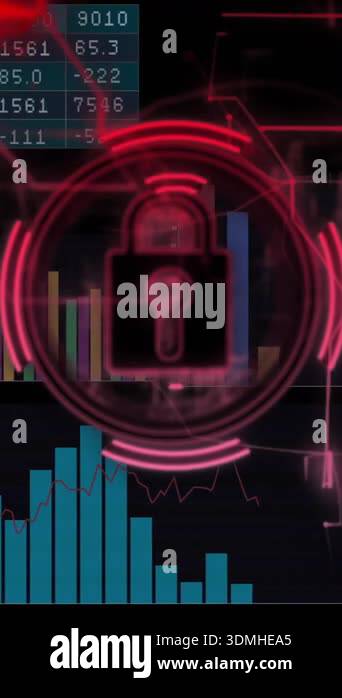 Lock icon and security animation over financial data and charts ...