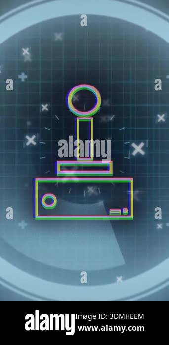 Joystick icon with geometric shapes and digital symbols in blue ...