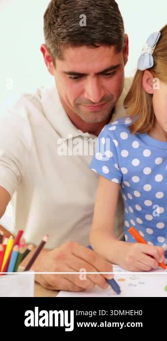 Family drawing together, geometric shapes animation over happy parents ...