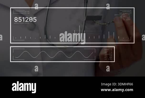 Female doctor holding device and activating HUD showing readouts and ...