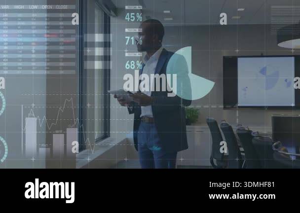 Business professional scrolling tablet and comparing animated charts ...